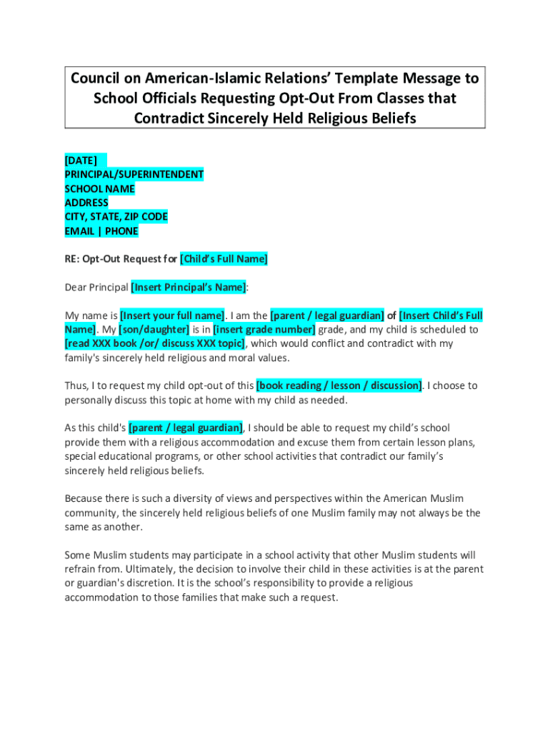 Fillable Online CAIR Releases Template for Muslim Parents Seeking Opt- ... Fax Email Print ...