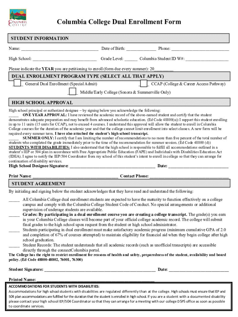 Fillable Online Dual Enrollment - Sonora - Columbia College Fax Email Print - pdfFiller