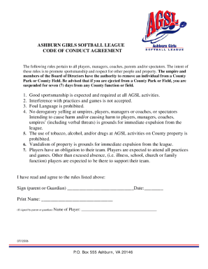 Fillable Online ashburn girls softball league code of conduct agreement ...