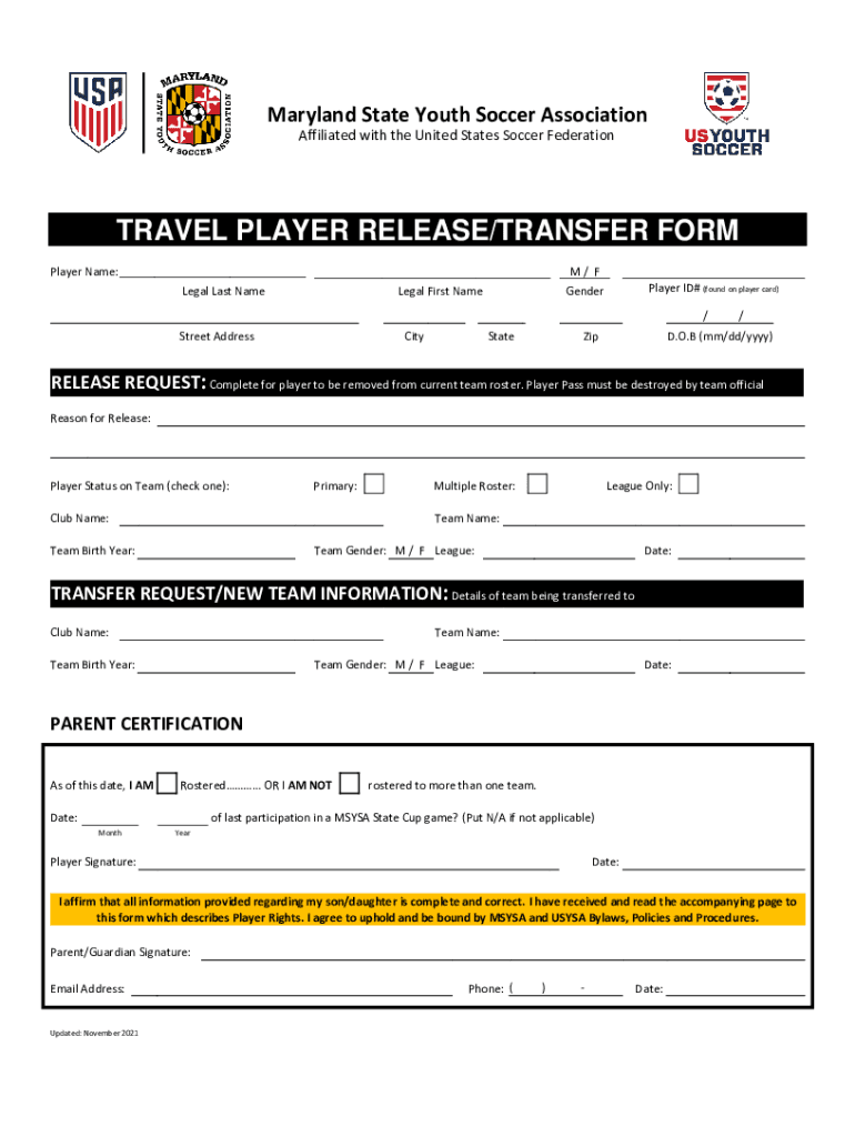 Fillable Online TRAVEL PLAYER RELEASE/TRANSFER FORM Fax Email Print ...