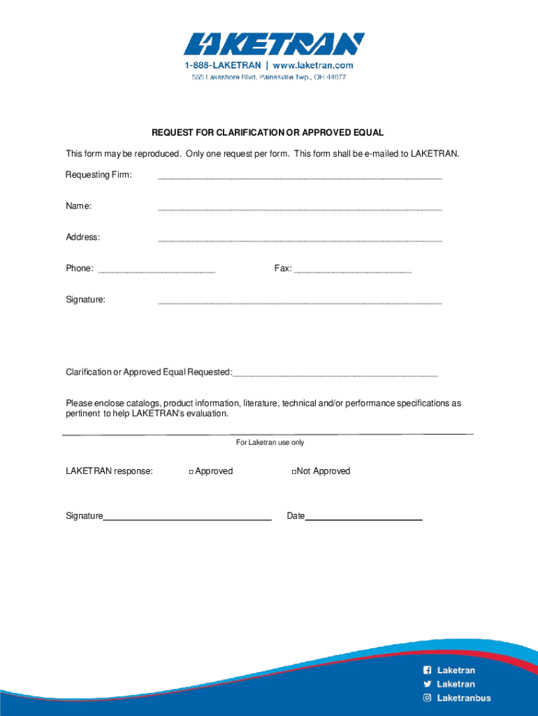 Fillable Online Request For Clarification or Approved Equal Form Fax ...
