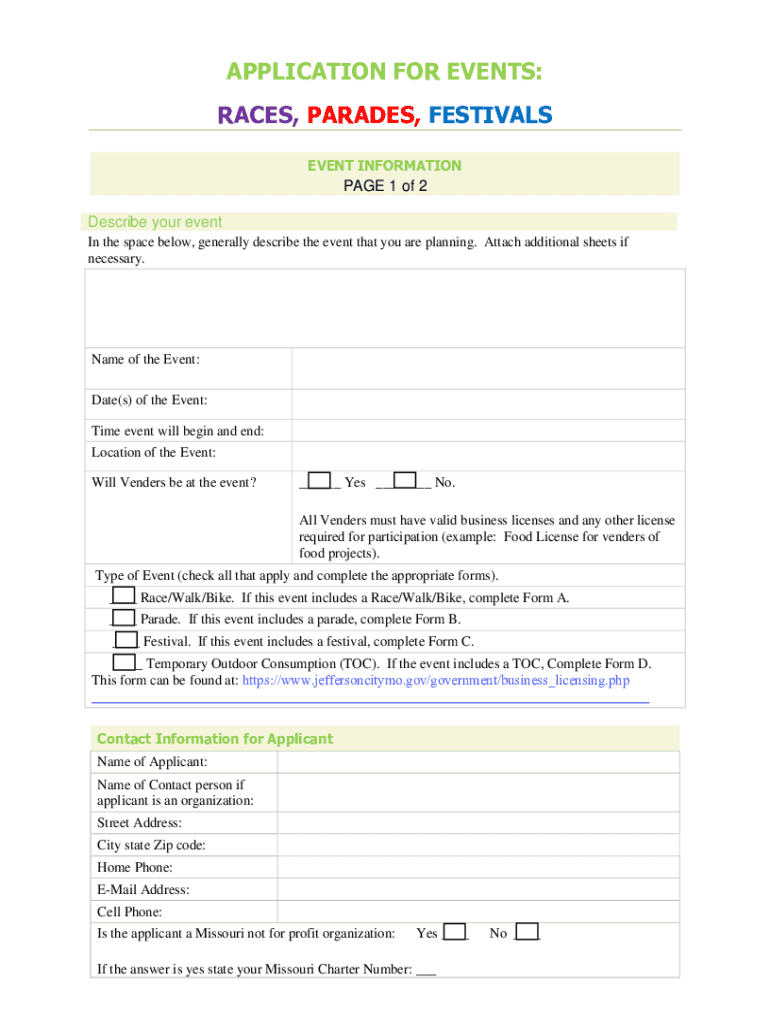 Fillable Online Application for Special Events, Parades, and Festivals ...