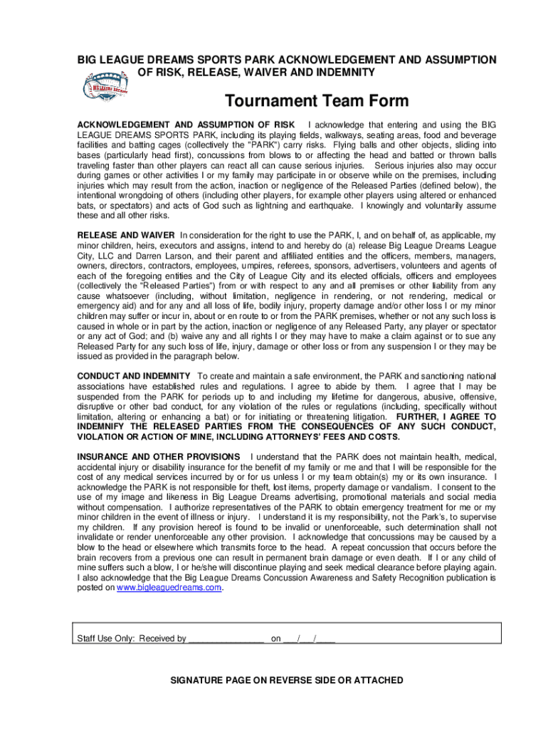 Fillable Online Big League Dreams Sports Park Acknowledgement and ...