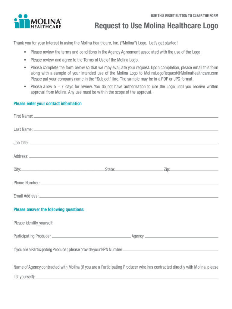 Fillable Online Request to Use Molina Healthcare Logo Fax Email Print - pdfFiller