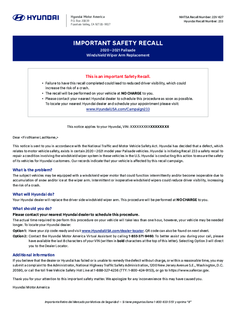 Fillable Online Hyundai Recall 22V627000: Windshield Wiper Function ...
