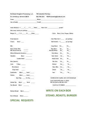 Fillable Online Beef Cut Sheet - Northeast Kingdom Processing, LLC Fax ...