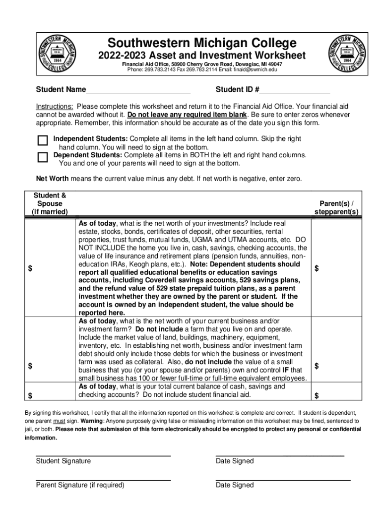 Fillable Online 2022-2023 Asset and Investment Worksheet Fax Email Print - pdfFiller
