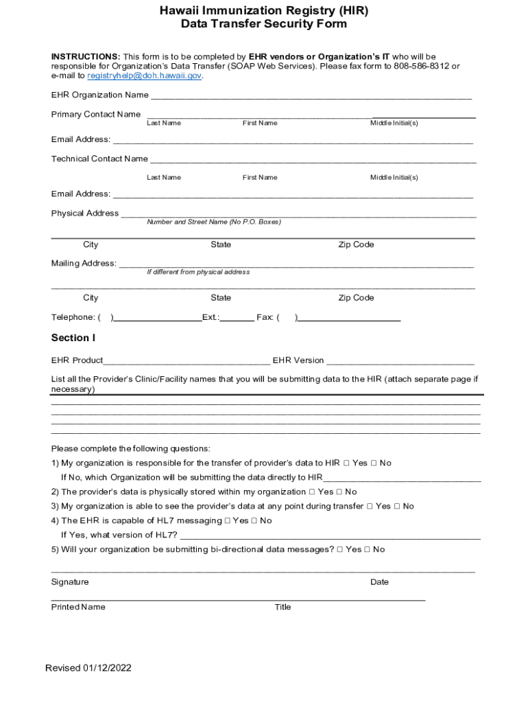 Fillable Online hir doh hawaii Hawaii Immunization Registry (HIR) Data Transfer Security Form ...