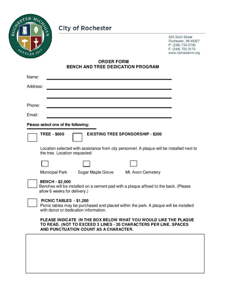 Fillable Online Order Form Tree and Bench Program - City of Rochester, MI Fax Email Print ...