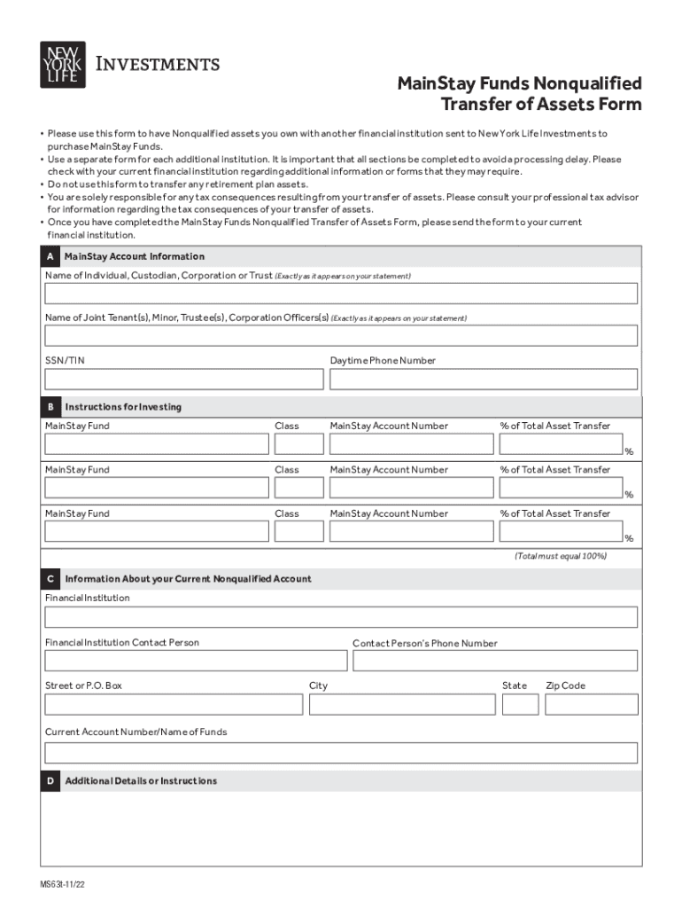 Fillable Online MainStay Funds Nonqualified Transfer of Assets Form Fax ...