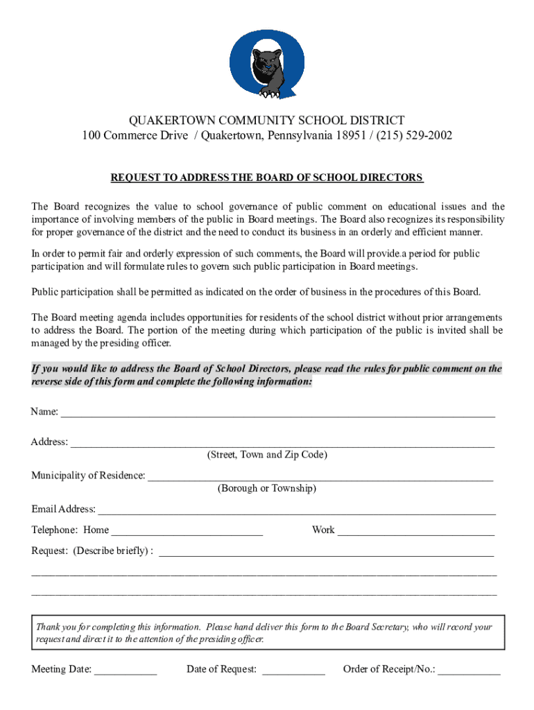 Fillable Online 903 - Request to Address Board of Directors form Fax ...