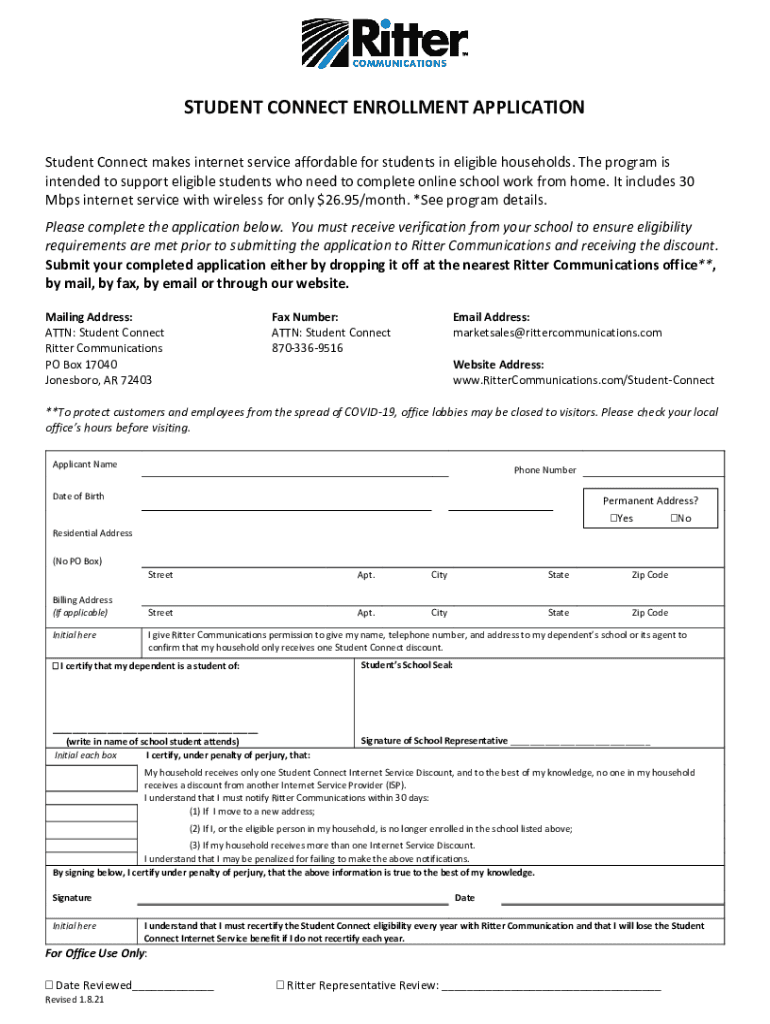 Fillable Online Ritter Communications Student Connect Enrollment Form ...
