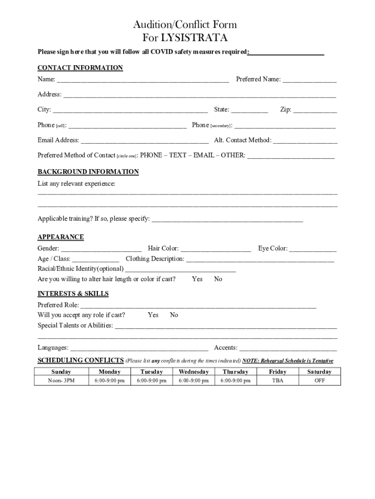 Fillable Online ftt nd Audition/Conflict Form For LYSISTRATA Fax Email ...