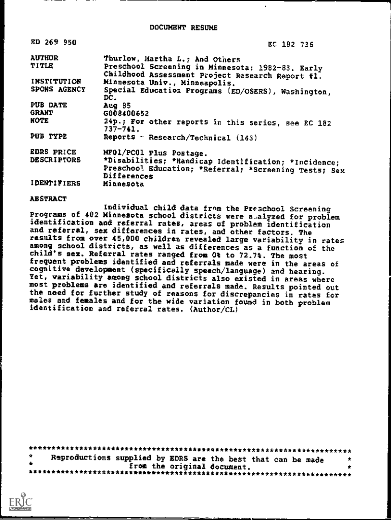 Fillable Online Preschool Screening in Minnesota: 1982-83. Early ...