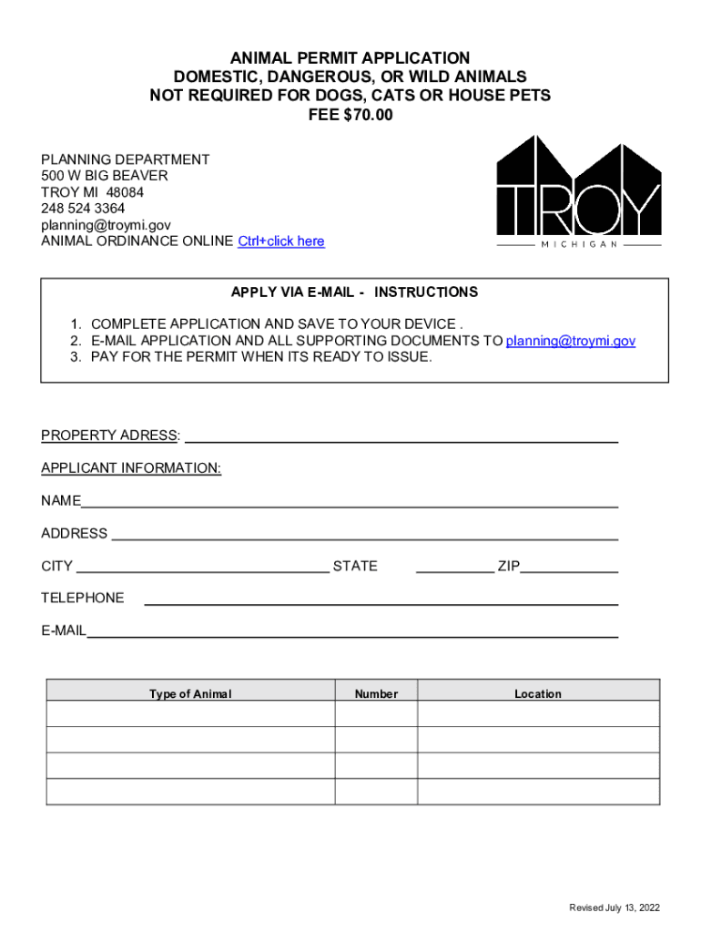 Fillable Online animal permit application domestic, dangerous, or wild ...