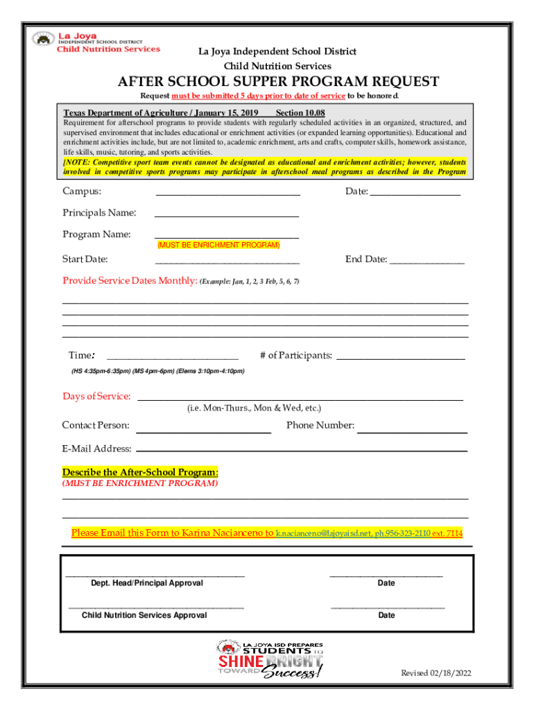 Fillable Online AFTER SCHOOL SUPPER PROGRAM REQUEST Fax Email Print ...