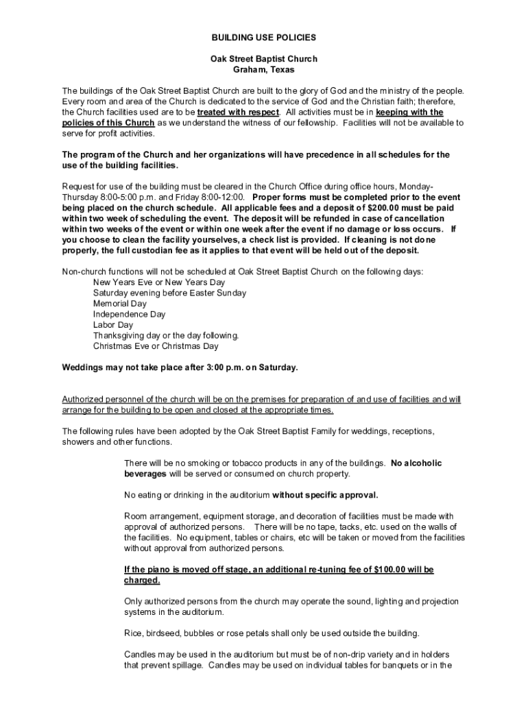 Fillable Online BUILDING USE POLICIES Oak Street Baptist Church ... Fax ...