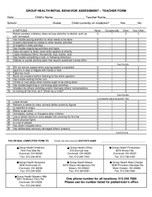 Fillable Online group health initial behavior assessmentteacher form ...