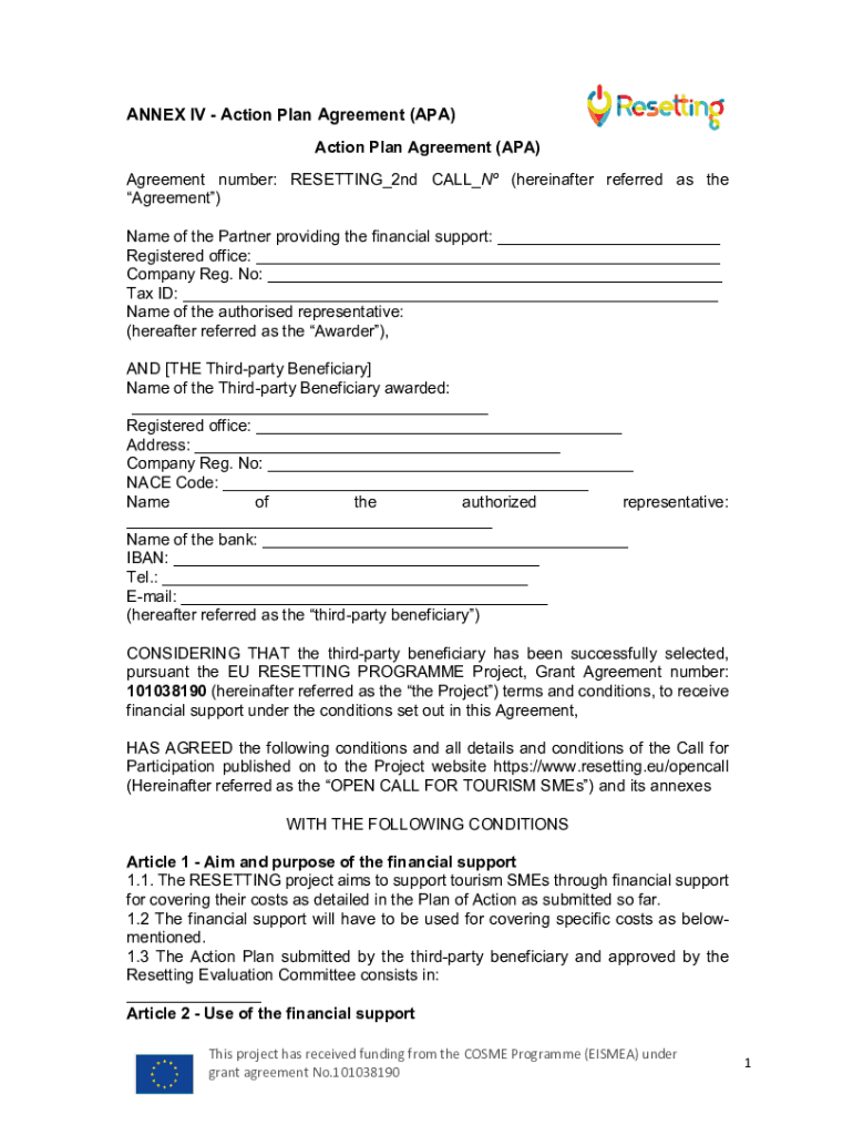 Fillable Online ANNEX IV - Action Plan Agreement (APA) - RESETTING Fax ...