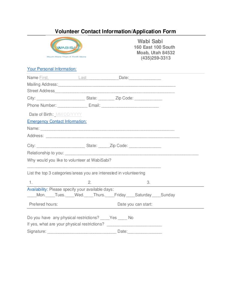 Fillable Online Volunteer Contact Information/Application Form Wabi Sabi Fax Email Print - pdfFiller