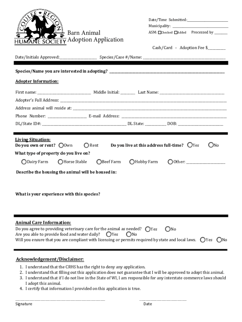 Fillable Online Barn Animal Adoption Application Fax Email Print ...