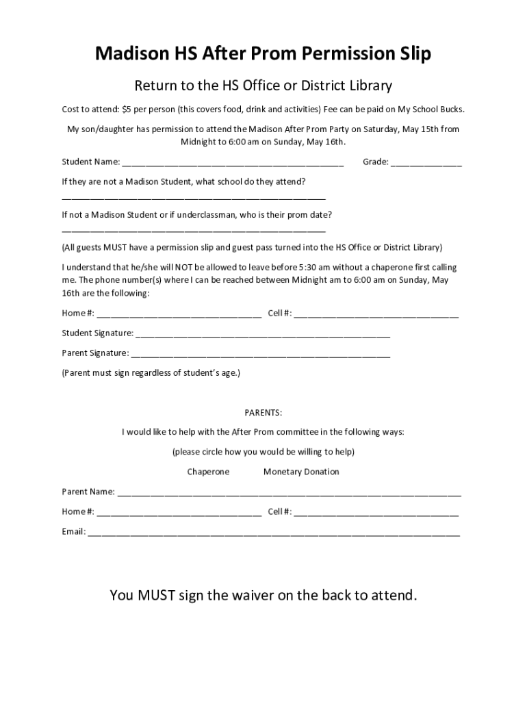 Fillable Online Madison HS After Prom Permission ... - Madison School ...