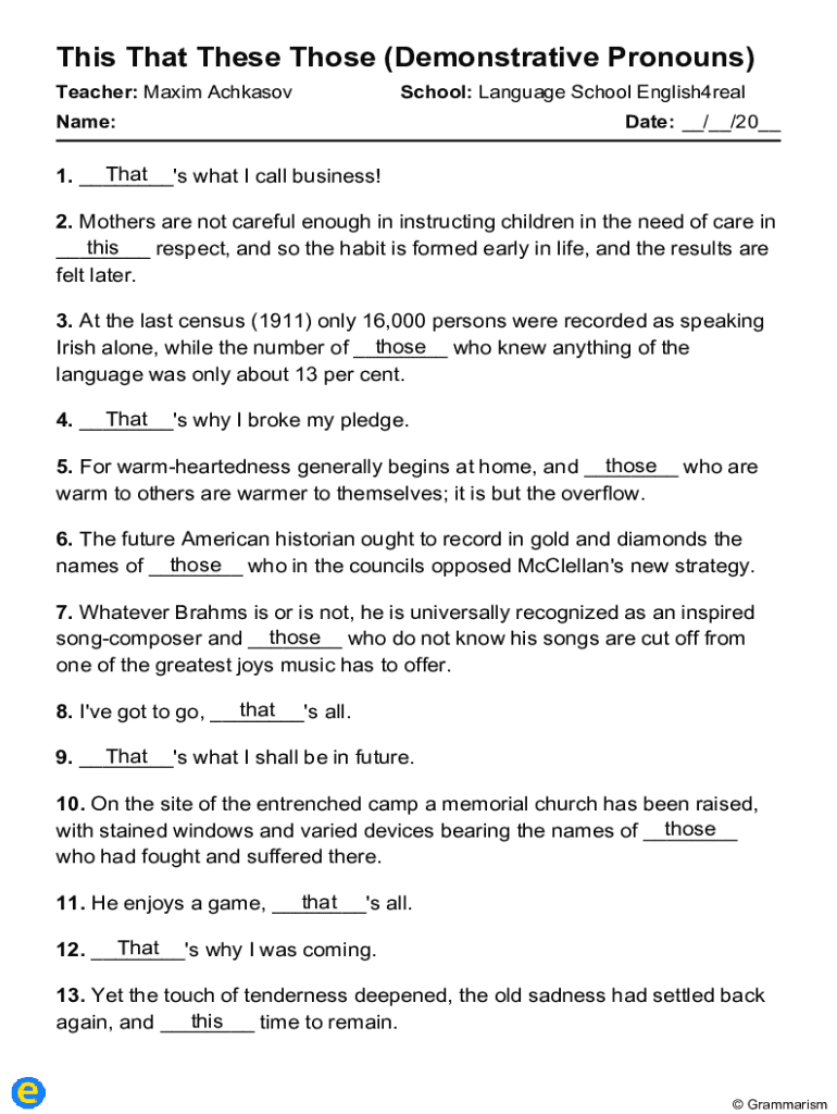 Fillable Online Demonstrative Pronouns ESL Games Worksheets Activities ...