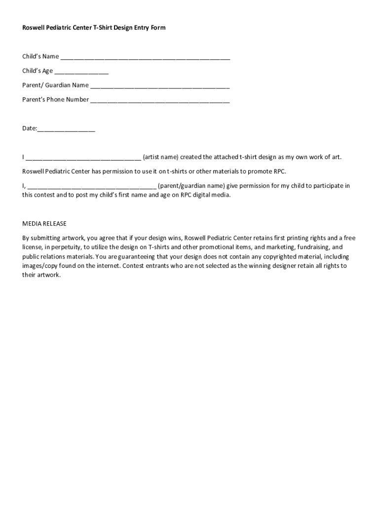 Fillable Online Roswell Pediatric Center T-Shirt Design Entry Form ...