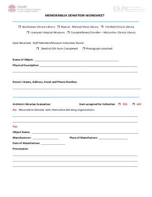 Fillable Online MEMORABILIA DONATION WORKSHEET Fax Email Print - pdfFiller