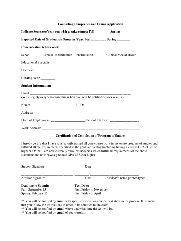 Fillable Online Comprehensive Exams, Graduation and Credentialing Fax ...