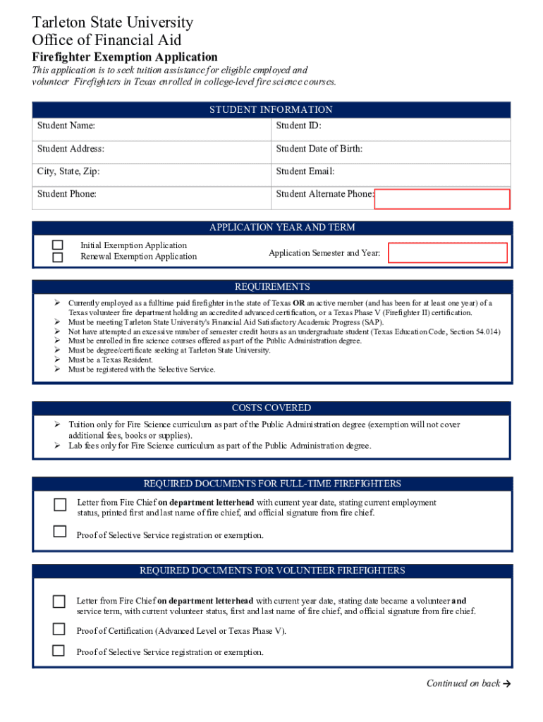 Fillable Online Tarleton State University Office of Financial Aid - Firefighter ... Fax Email ...