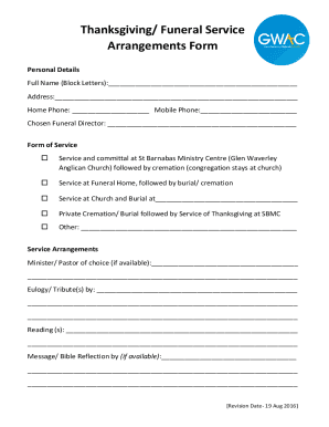 Fillable Online Thanksgiving & Funeral Arrangement Form Fax Email Print ...