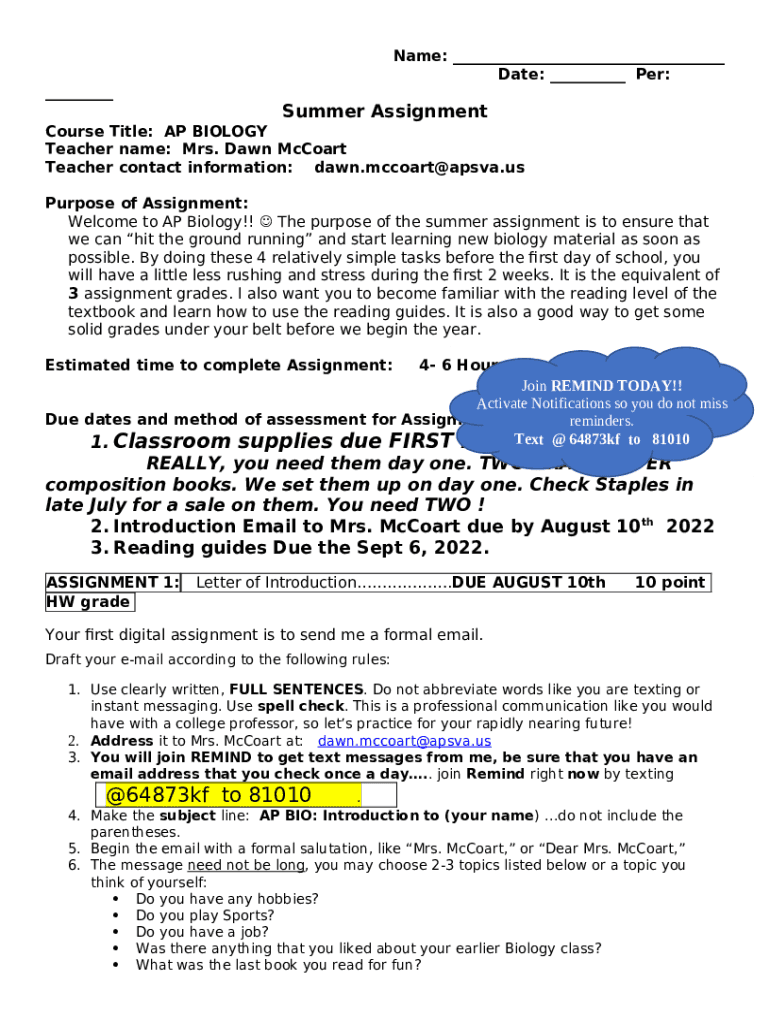 22 AP BIO SUMMER ASSIGNMENT v2 Doc Template | pdfFiller