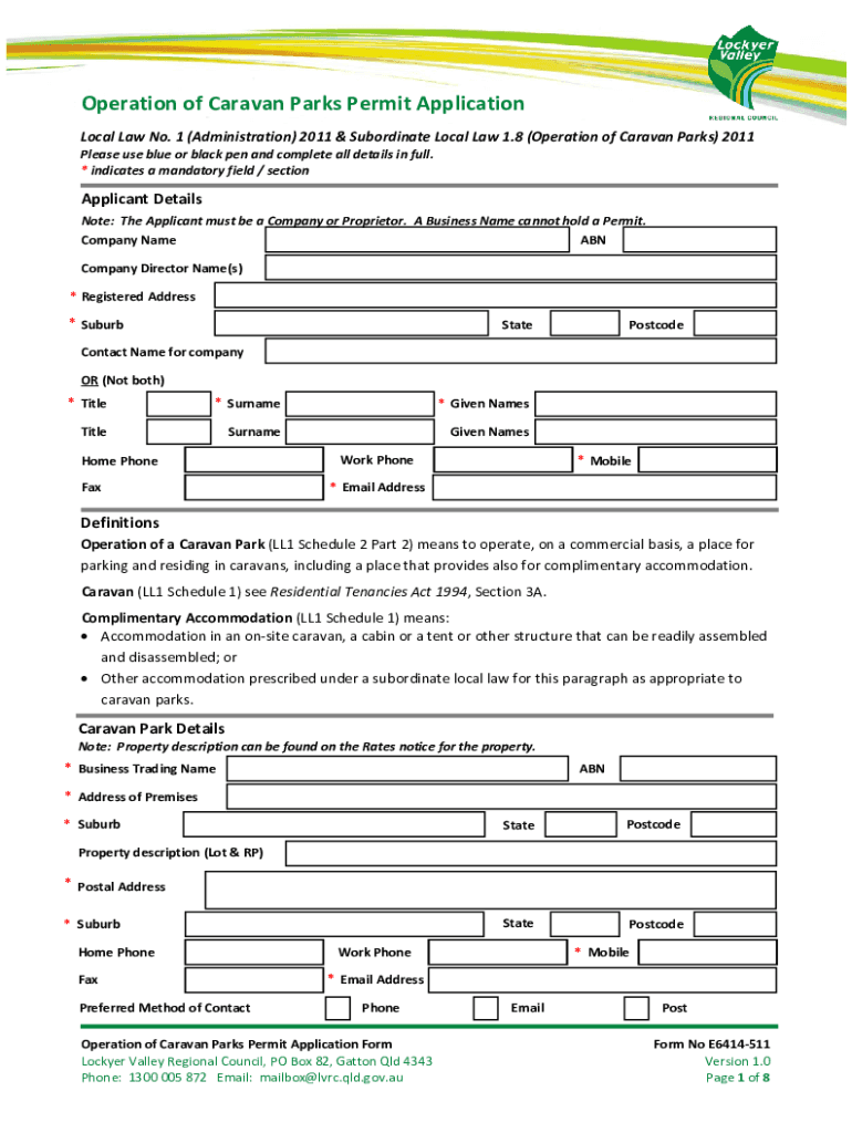 Fillable Online Operation of Caravan Parks Permit Application Fax Email ...