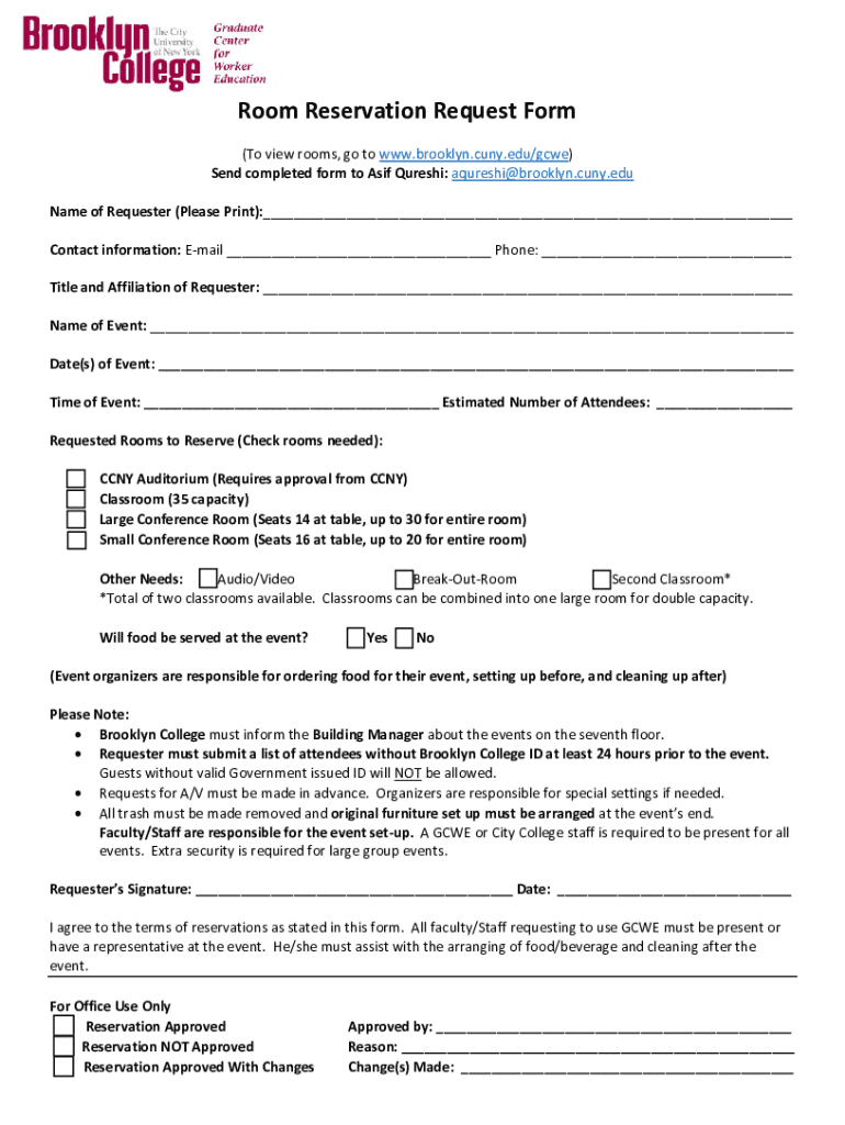 Fillable Online Room Reservation Request Form - Brooklyn College - CUNY Fax Email Print - pdfFiller