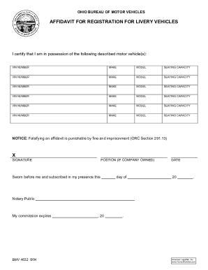 Fillable Online BMV 4632 - Affidavit for Registration for Livery ...