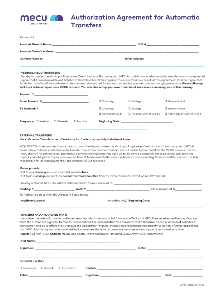 Fillable Online Authorization Agreement for Automatic Transfers Fax Email Print - pdfFiller