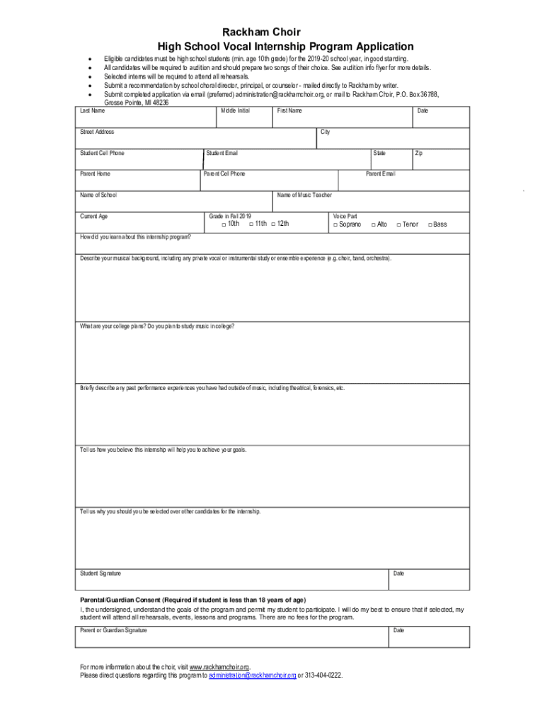 Fillable Online Rackham Choir High School Vocal Internship Program ...