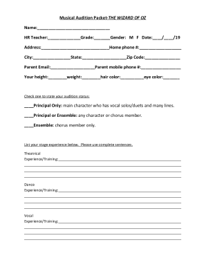 Fillable Online Musical Theatre Audition and Application Instructions ...