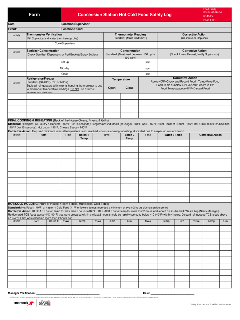 Fillable Online Form Concession Station Hot Cold Food Safety Log Fax ...
