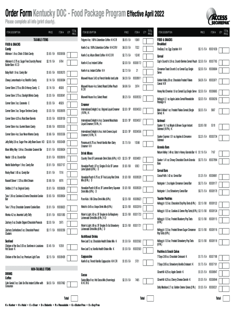 Fillable Online Order Form Kentucky DOC - Food Package Program ... Fax ...