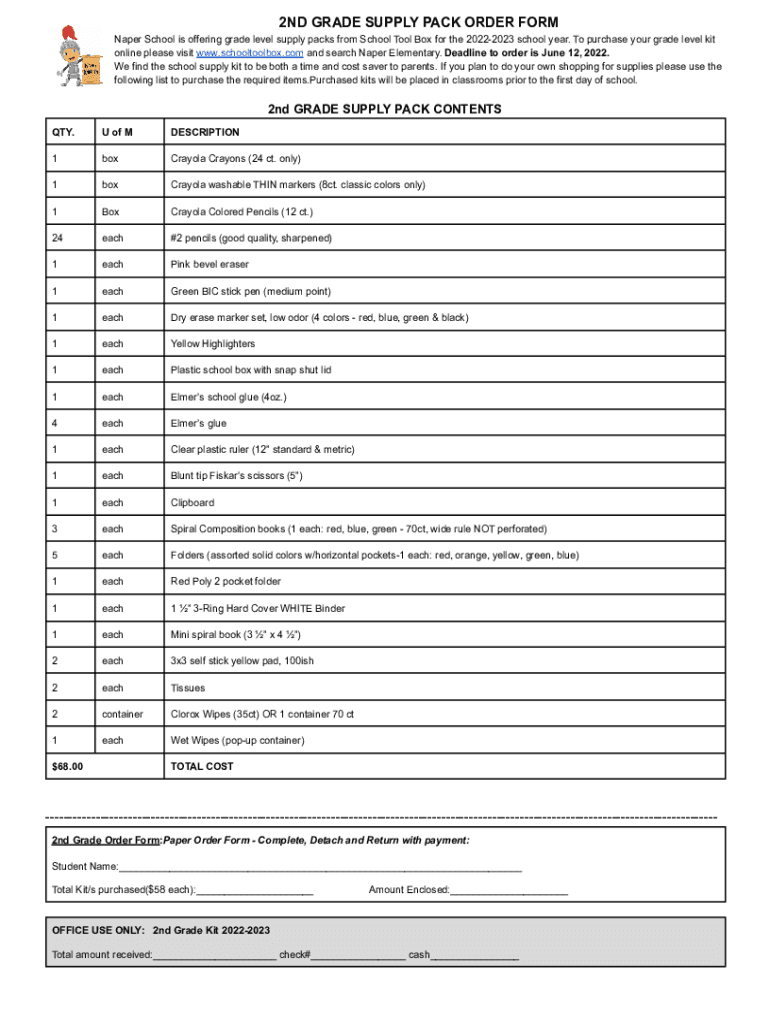 Fillable Online 2nd GRADE SUPPLY PACK ORDER FORM Fax Email Print ...