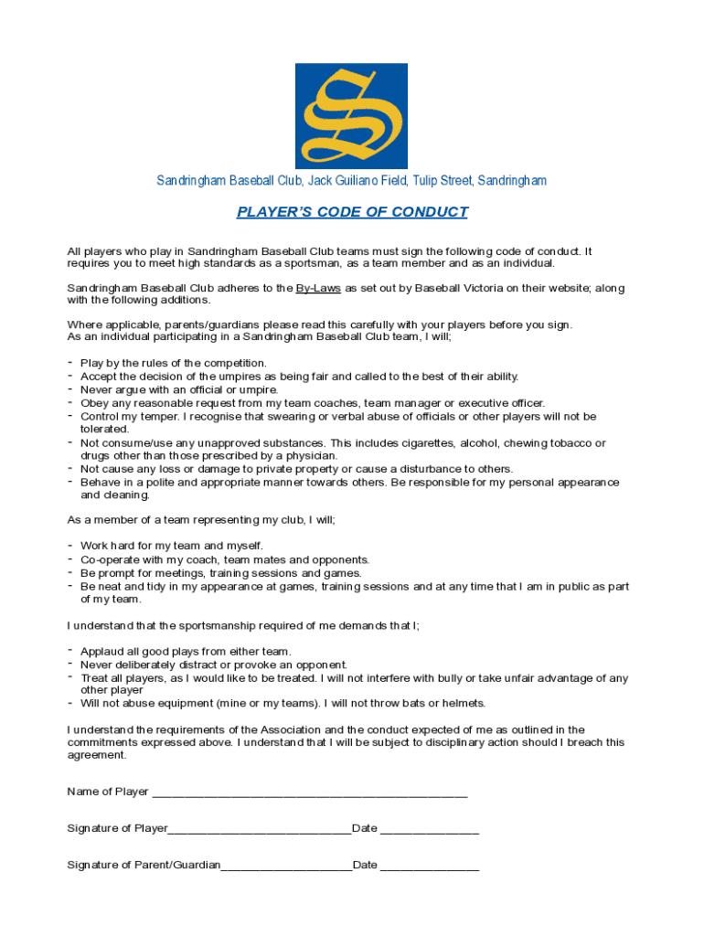 Fillable Online SBC Player/Parent CoC - Royals Baseball Fax Email Print ...