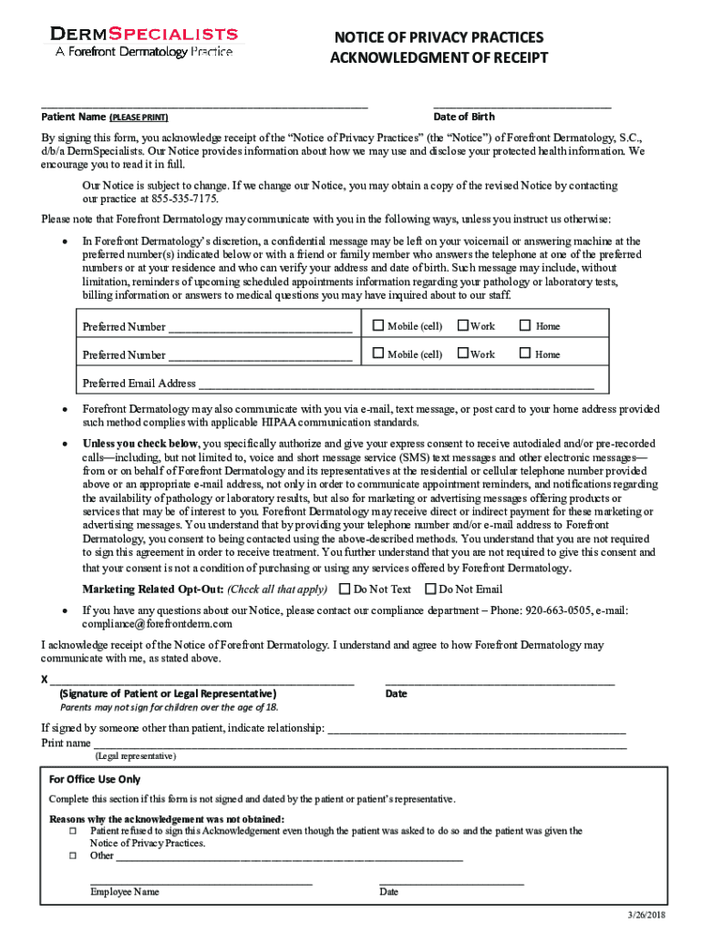 Fillable Online Notice of Privacy Practices Acknowledgement of Receipt ...