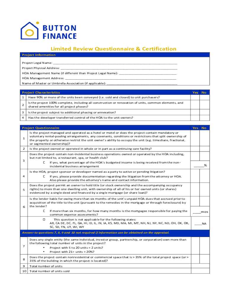 Fillable Online Limited/Streamline Review Condo Project Questionnaire ...