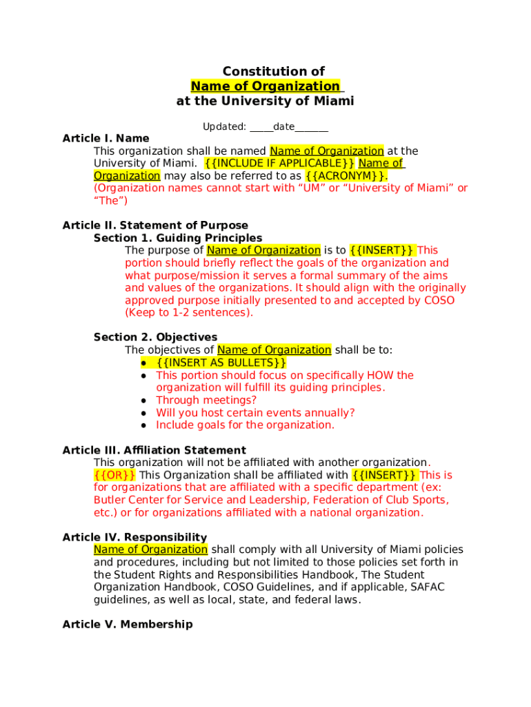 Miami University Sample Constitution Name of Student ... Doc Template | pdfFiller