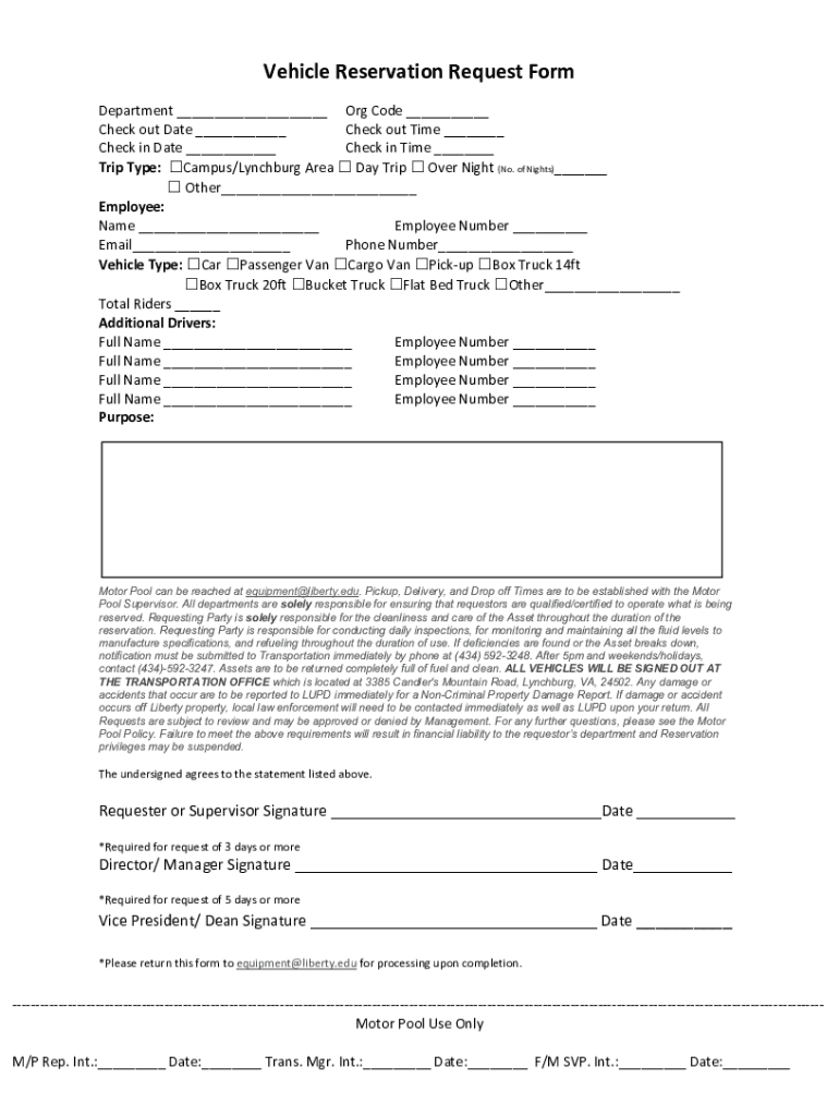 Fillable Online Vehicle Reservation Form - Williams - Facilities Fax Email Print - pdfFiller
