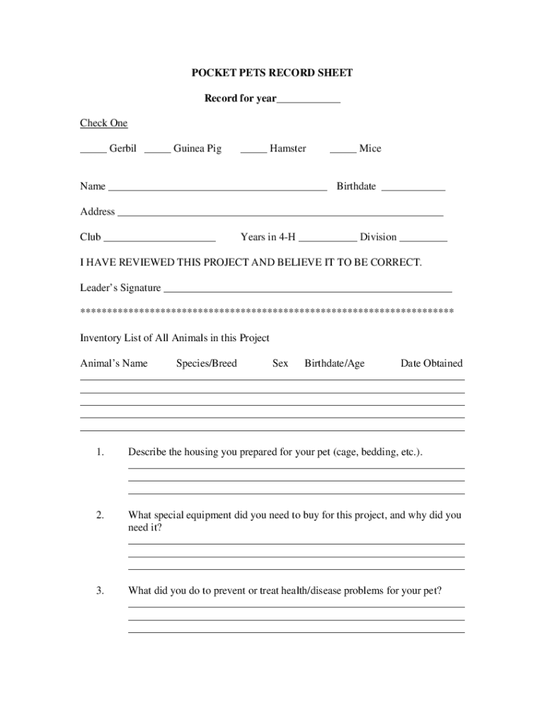 Fillable Online extension purdue POCKET PETS RECORD SHEET.doc Fax Email Print - pdfFiller