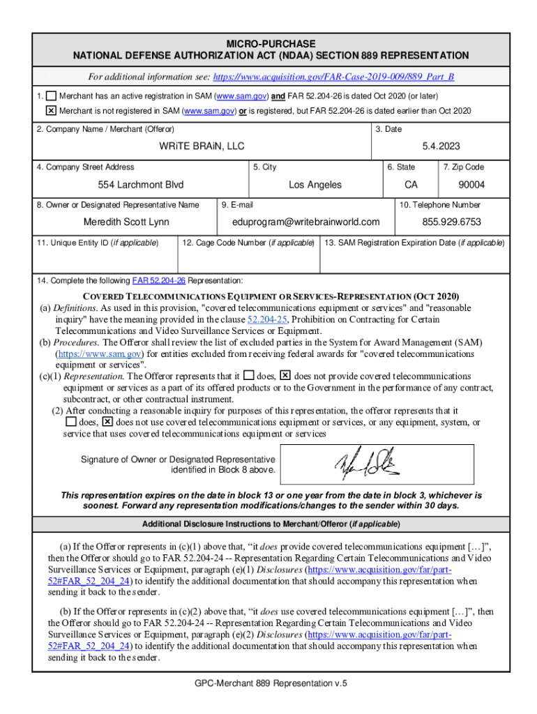 Fillable Online NATIONAL DEFENSE AUTHORIZATION ACT (NDAA) SECTION 889 ...
