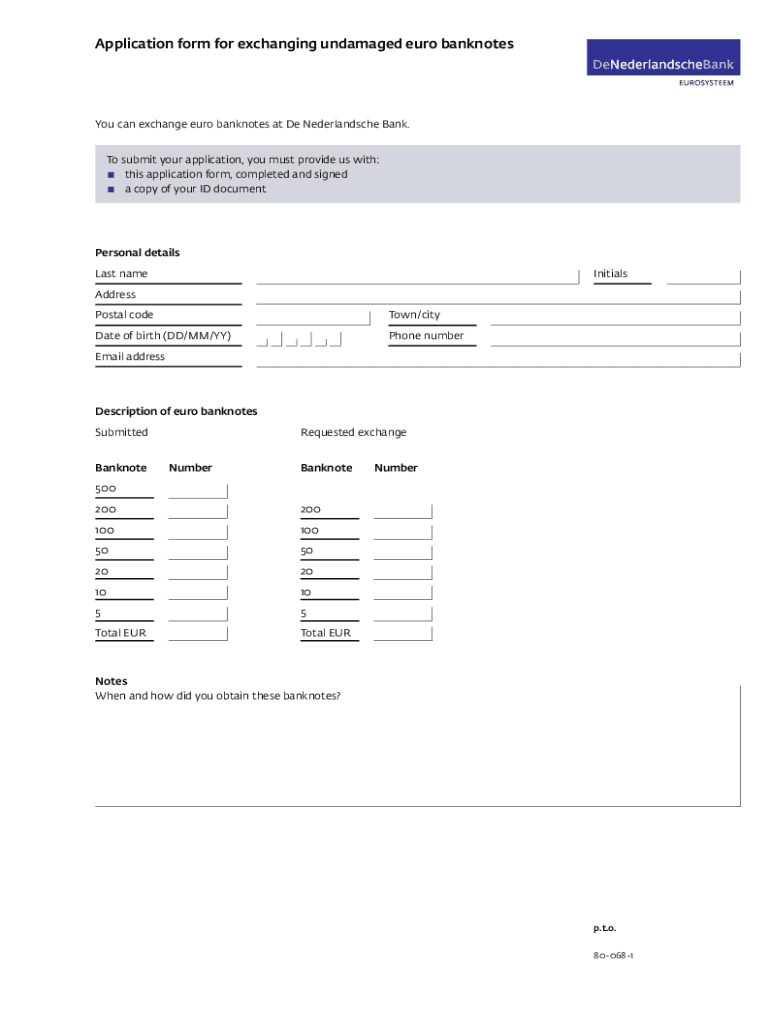 Fillable Online Application form for exchanging undamaged euro ...